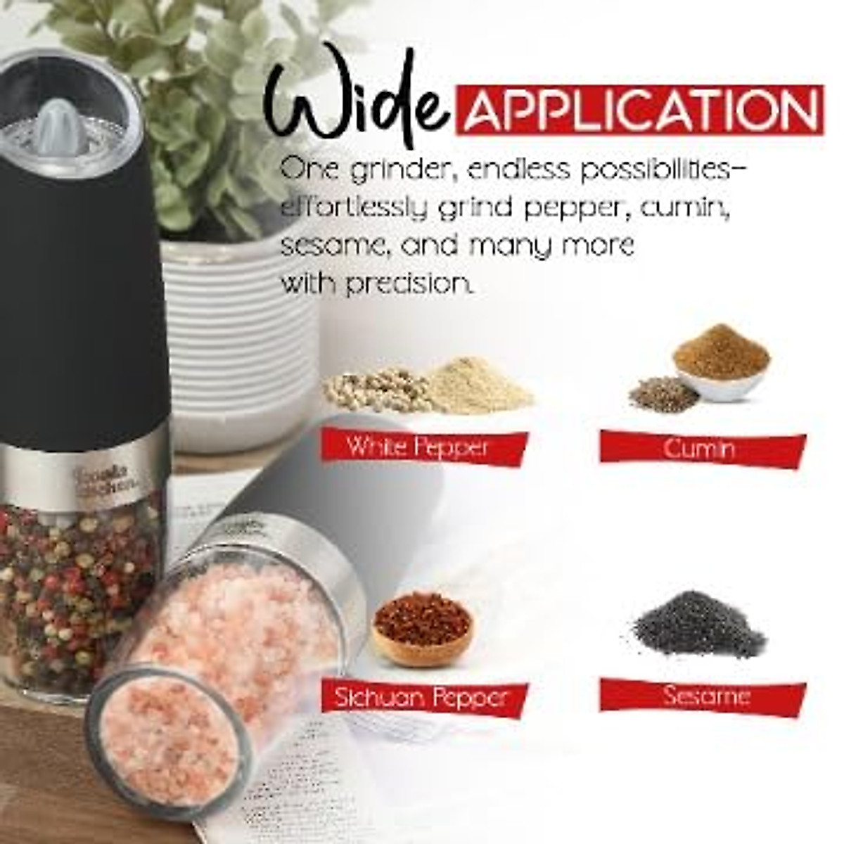 The Koala Kitchen Co. Gravity Electric Salt and Pepper Grinder Set - Stainless Steel Salt and Pepper Shakers Adjustable Coarseness - Blue Light Battery Operated Salt and Pepper Mills, 2 Pack (Black)