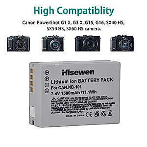 NB-10L NB10L Battery and Dual Charger, Hisewen 2 X 1500mAh Replacement Battery for Canon PowerShot G1 X, G3 X, G15, G16, SX40 HS, SX50 HS, SX60 HS Digital Camera