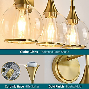 HAHZT Gold Bathroom Vanity Light 3-Lights Bathroom Light Fixtures Over Mirror with Clear Glass Shade 22.4 inch Wall Sconce Lighting Bath(Exclude E26 Bulb)