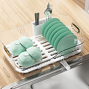 Dish Drying Rack with Drainboard, Kitchen Dish Drainer Rack in Sink, Dish Rack for Kitchen Counter Cabinet with Adjustable Swivel Spout, Removable Plastic Drainer Tray with Utensil Holder. (Clear)