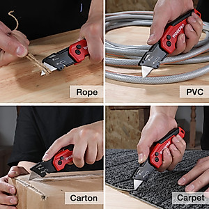 WORKPRO Folding Utility Knife, Quick Change Box Cutter, Razor Knife for Cartons, Cardboard, Boxes, Blade Storage in Aluminum Handle, 13 Extra Blades Included (Red)