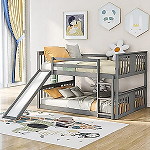 ERDAYE Full Over Full Bunk Bed with Slide and Ladder, Wood Bunkbed w/Safety Guardrails, Solid Slat Support Bedframe for Kids Teens, No Box Spring Needed, Grey
