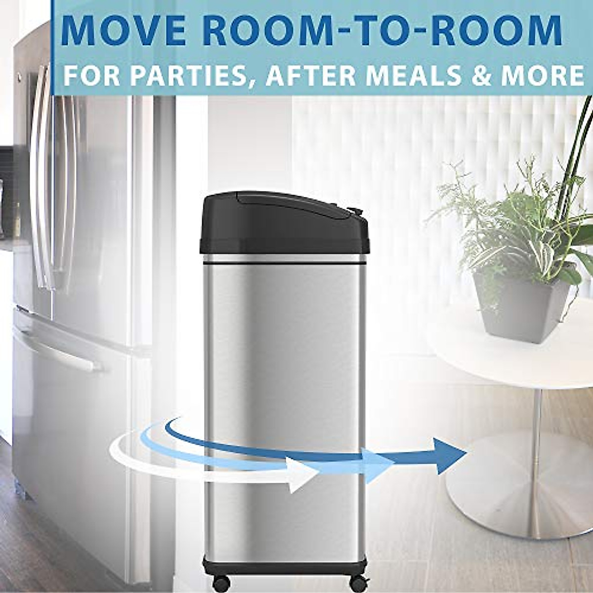 iTouchless Glide 13 Gallon Sensor Trash Can with Wheels and Odor Control System Stainless Steel Silver Rectangle Fingerprint Proof Seal On-Off Switch