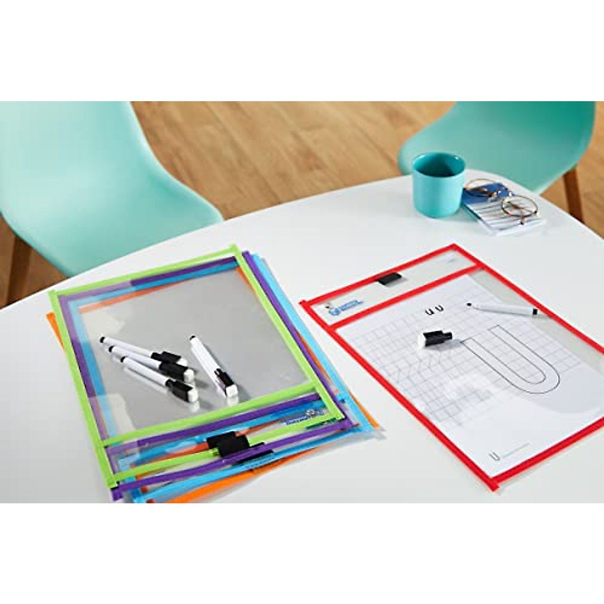Learning Resources Write and Wipe Pockets, 5 Colorful Classroom Dry Erase Pockets, Ages 3+