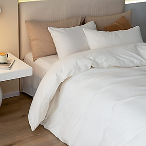 JIYUAN 100% Washed Cotton Duvet Cover Set Comfy Simple Style Soft Breathable Textured Durable Linen Feel Bedding for All Seasons King, Off White