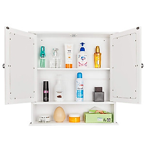 Volowoo Bathroom Mirror Cabinet,Double Door Mirror Indoor Bathroom Wall Mounted Cabinet Shelf White