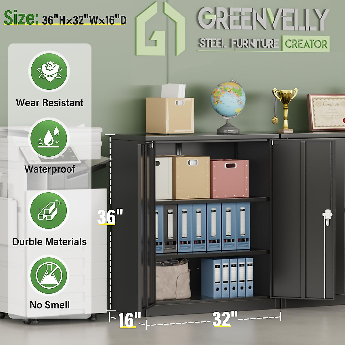 Greenvelly Metal Storage Cabinet with Doors and Shelves,Lockable Storage Cabinet for Office,36”Black Metal Utility Cabinet Garage Cabinets, Lockable File Cabinet for Home Office, Garage, Kitchen, Shop