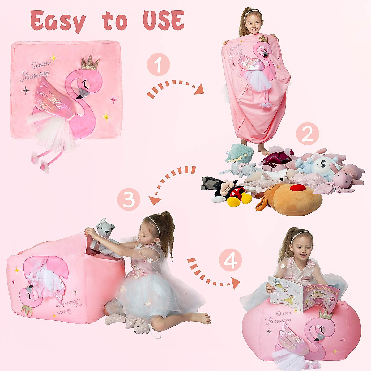 Flamingo Stuffed Animal Toy Storage for Kids Bean Bag Chair Cover Large Size 24x24 Inch Velvet Extra Soft Stuffed Organization for Girls Gift Pink Cover ONLY