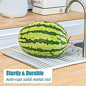 ZOIMINU White Roll Up Dish Rack, Over Sink Dish Drying Rack, Heat-Resistant Anti-Slip Stainless Steel Dish Drainer with Silicone-Coated for Cups Fruits Vegetables - 20.5" x 13.1"