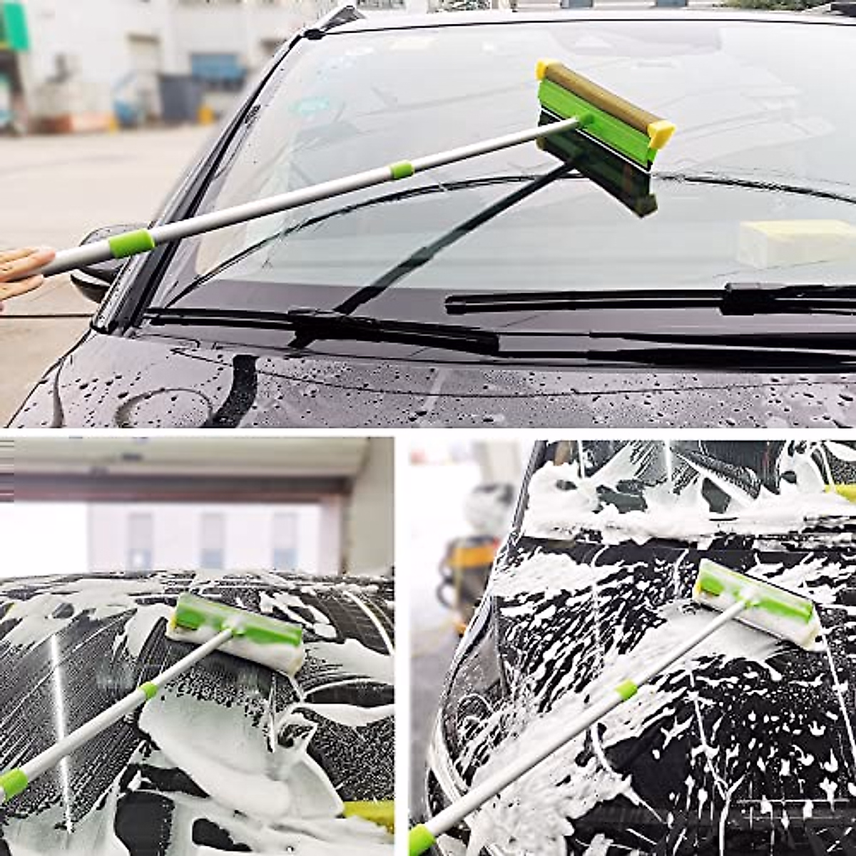 GIANT BEAR Car Wash Brush Mop Set with Long Handle, 42.9" Microfiber Chenille Mitt Not Hurt Paint Scratch Free Aluminum Alloy Cleaning Tool -4 in 1,Glass Window Scrabber Detail Wheel Brush