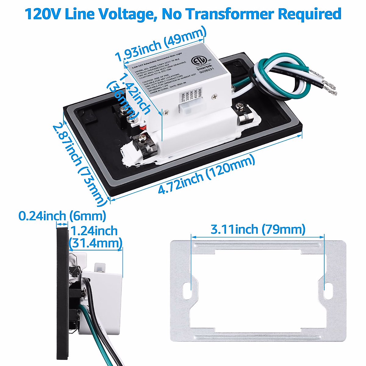 LEONLITE 12-Pack Black 5CCT 120V LED Step Lights, 150LM 5%-100% Dimmable Stair Lights Indoor Outdoor Wet Location, CRI90+ & ETL, 2700K/3000K/3500K/4000K/5000K Aluminum Staircase Lights