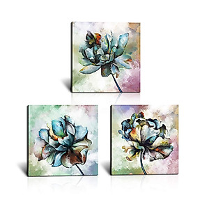 KLVOS Flower Canvas Wall Art for Bedroom Watercolor Rose Dahlia Lotus Floral Paintings Pictures for Living Room Bathroom Wall Decor Framed Prints Artwork Stretched Easy to Hang 12x12inchx3pcs