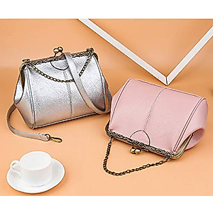 Segater Women Small Retro Kiss Lock Handbag and Purses PU Leather Hollow Tote Shoulder Bag Satchels with Chain Silver