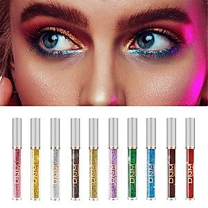 VOLLUCK 10 Colors Glitter Eyeliner liquid, Metallic Shimmer Glitter Eyeshadow, Long Lasting Waterproof Sparkling Eyeliner Eye Shadow Set for Party Festival Makeup