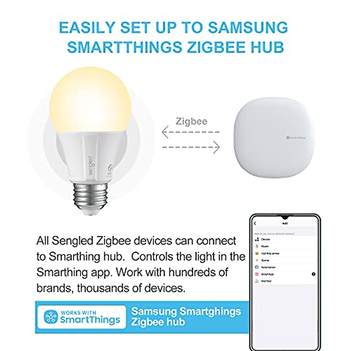 Sengled Smart Light Bulbs, A19 Dimmable Smart Bulbs, Works with Alexa and SmartThings, Voice Control with Google Home and Echo with built-in Hub, Soft White 60W Equivalent, Zigbee Hub Required，4-Pack