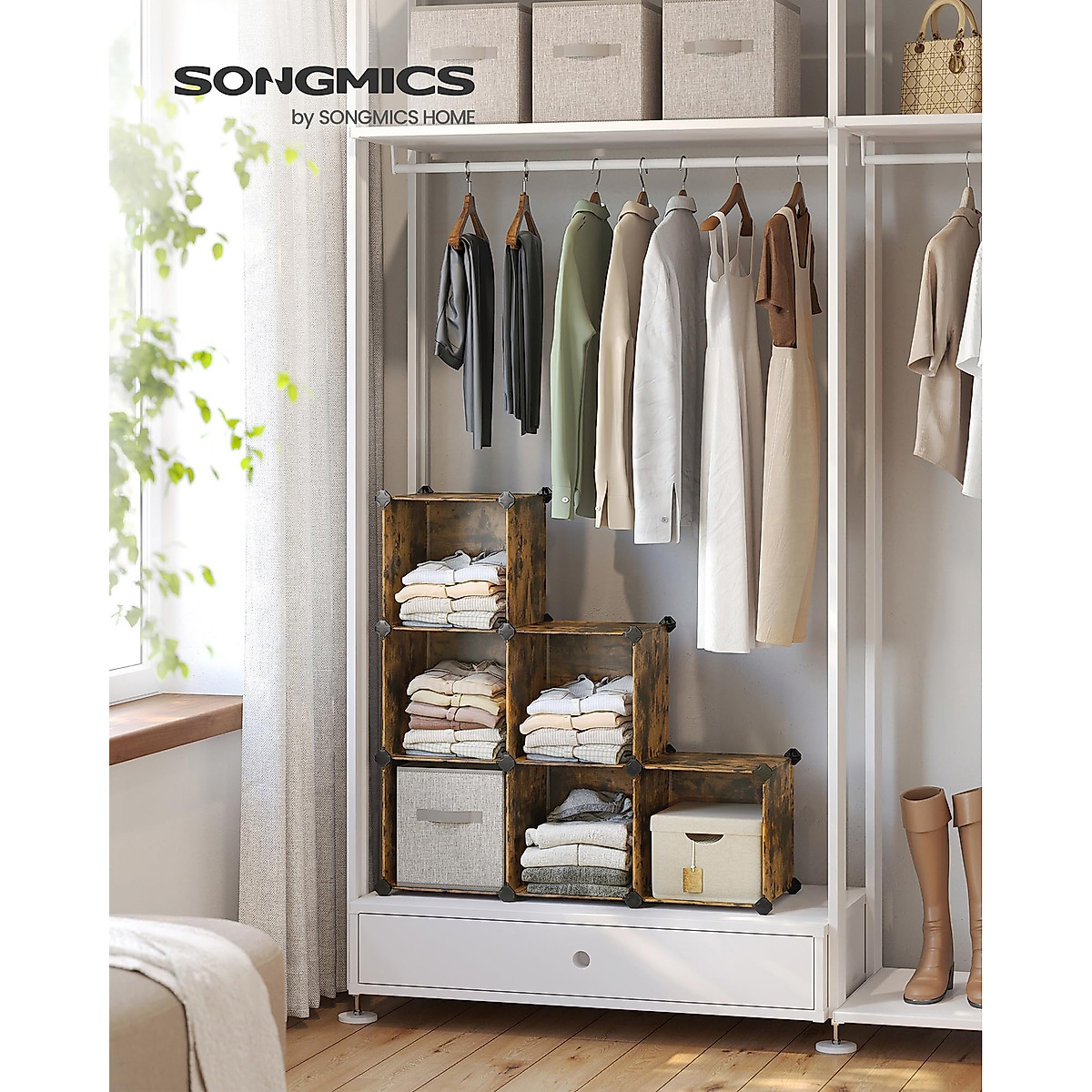 SONGMICS 6 Cube Storage Organizer, DIY Closet Shelf, Plastic Clothes Organizer, Modular Bookcase, 11.8 x 11.8 x 11.8 Inch Cubes, with Feet and Rubber Mallet, Rustic Brown ULPC111A01