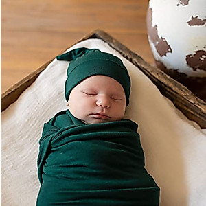 Milkmaid Goods Baby Swaddle Blanket & Matching Headwear Set, Newborn Receiving Blanket, Gender Neutral, Buttery Soft & Breathable Fabric, Large W/Extra Stretch for Easy Wrapping (Hat, Hunter)