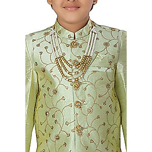 AHHAAAA Kids Ethnic Banarasi Silk Waistcoat Kurta Pajama Set for Boys Green