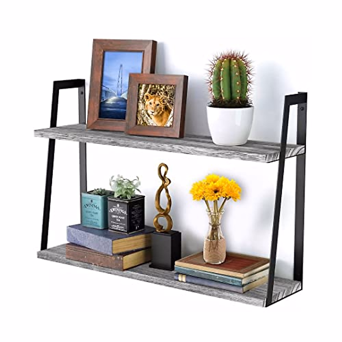 Halter 2 Tier Rustic Floating Wall Shelves for Bedroom, Bathroom, Mounted Hanging Bookshelf Storage, Oragnizer, Living Room, Kitchen, or Laundry Room, Set of 2 Shelves, Brackets Included, Gray Wood