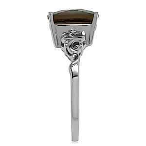 Silvershake 3.13 CTW 10X8mm Natural Octagon Shape Smoky Quartz White Gold Plated 925 Sterling Silver Filigree Leaf Solitaire Gemstone Ring Size 8
