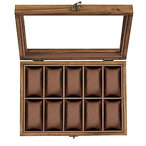 SONGMICS Watch Box, 10-Slot Watch Case, Solid Wood Watch Box Organizer with Glass Lid, Watch Display Case with Removable Pillows, Gift for Loved Ones, Rustic Walnut UJOW100K01