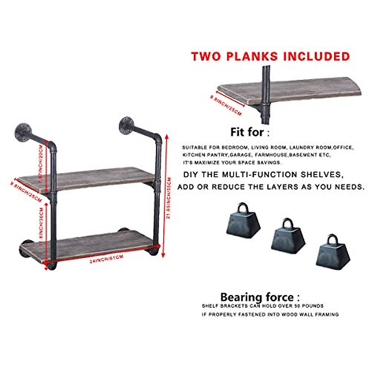 LoftPaipes Industrial Pipe Shelf Wall Mounted,24in 2 Tier Rustic Metal Floating Shelves,Steampunk Real Wood Book Shelves,DIY Bookshelf Hanging Wall Shelves,Farmhouse Kitchen Bar Shelving