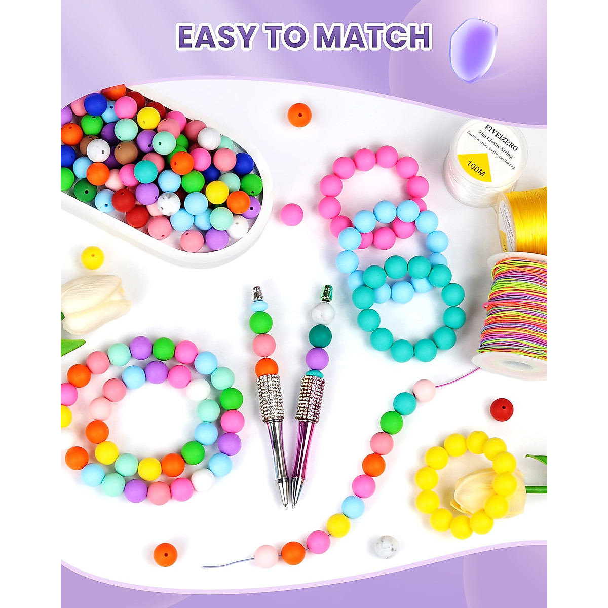 150PCS FIVEIZERO Silicone Beads 15mm for Keychain Making, Bulk Rubber Beads for DIY Crafts, Bracelets, and Necklaces - Silicone Beads Bulk, Keychain Beads, Rubber Beads for Pens.(Black)