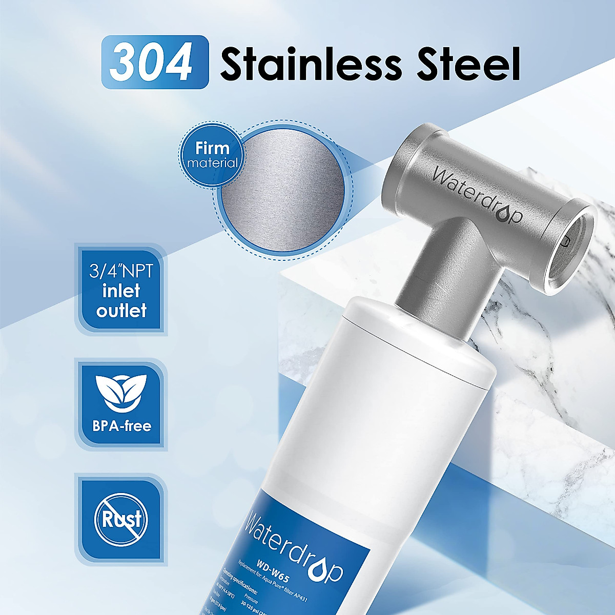 Waterdrop AP431 AP430SS Whole House Scale Inhibitor Filter, Heater Softener System, Prevent Scale Build Up On Hot Water Heaters, Pipes and Boilers