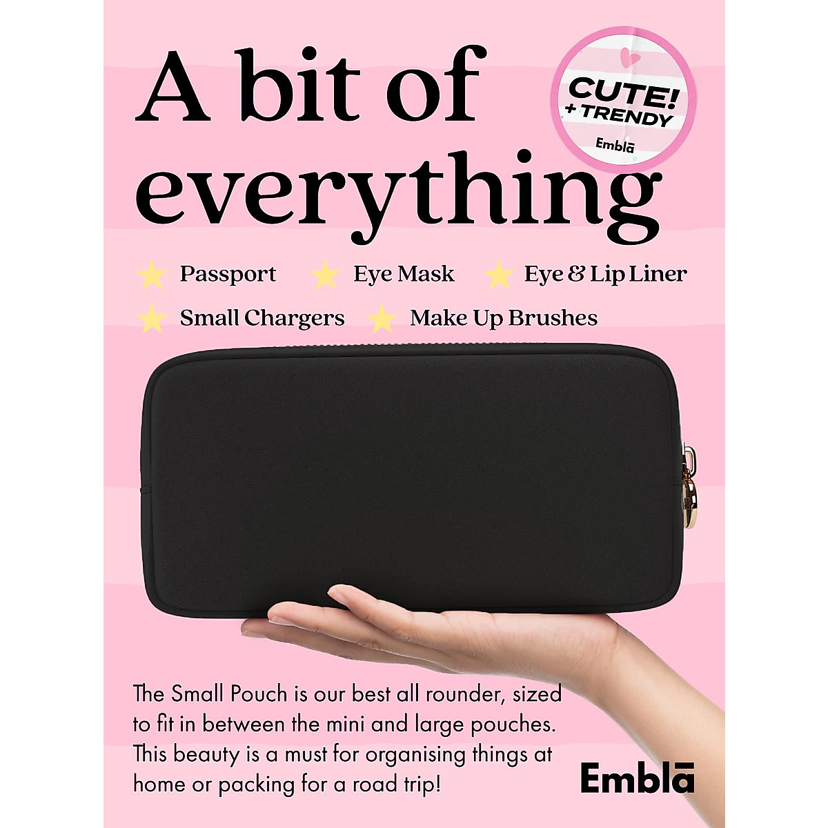 Embla Makeup Bag Travel Cosmetic Bag, Toiletry Bag, Cute Makeup Organizer, Nylon Zipper Pouch Purse Storage Bag Cosmetics Organizer, Cute Womens Make Up Bag Tote, Mini Small Large Makeup Bags, Black