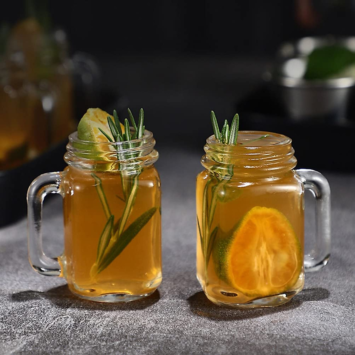 Cabilock Mini Glass Mason Jar Mason Jars Mugs with Glass Handles, 6pcs 40ml Drinking Glasses Old Fashioned Drink Glass for Beverages Wales Cocktails Beer Tea Party Favors Whiskey Glasses