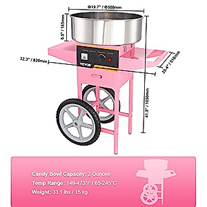 VEVOR Cart Electric Cotton Candy Machine, 1000W Commercial Floss Maker with Stainless Steel Bowl, Sugar Scoop and Drawer, Perfect for Home, Kids Birthday, Family Party, Pink
