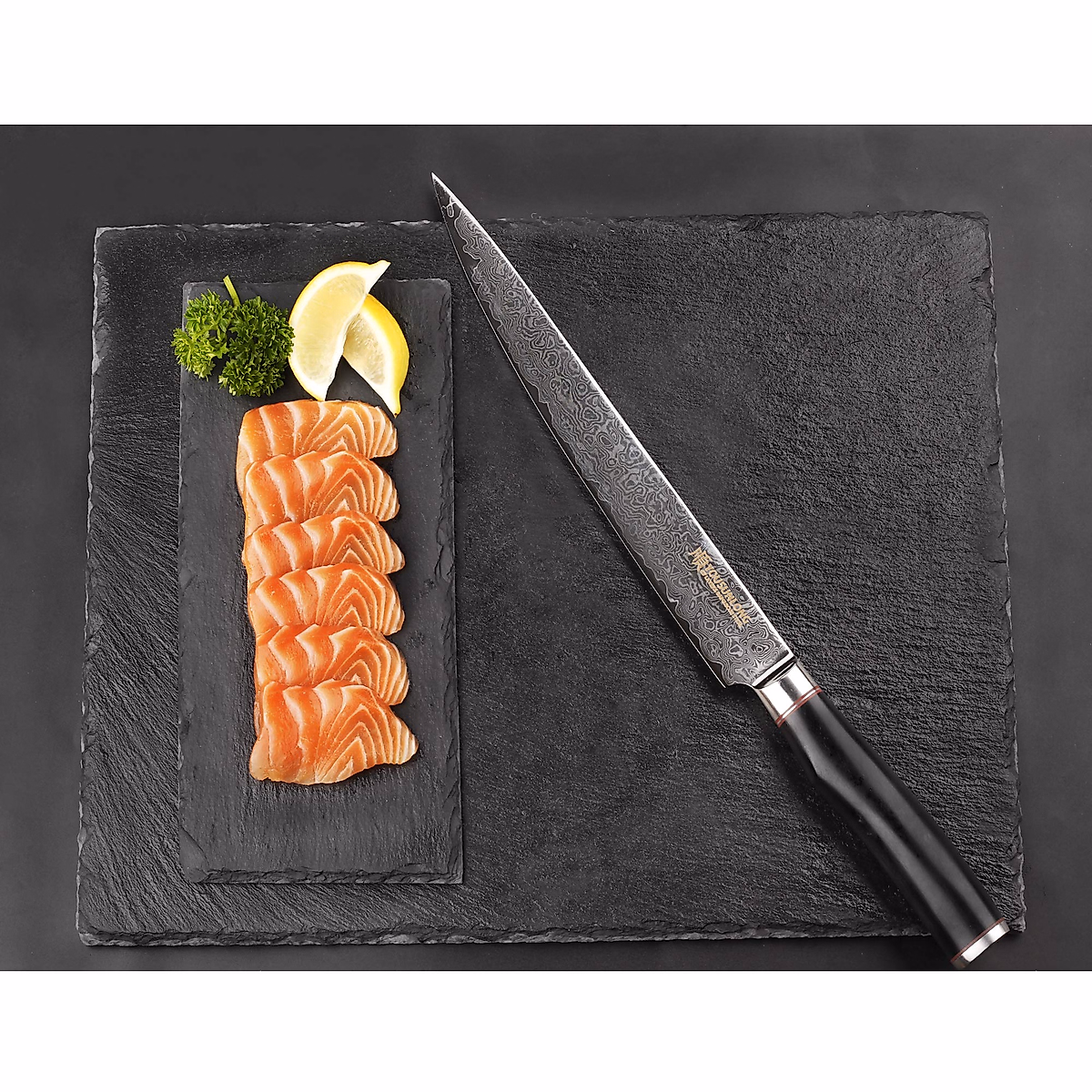 YOUSUNLONG Fillet Knife Pro Meat Carving Knife Sashimi Knife 24.5cm-Right-handed - Japanese Hammered Damascus Steel Natural Leadwood Handle With Leather Sheath