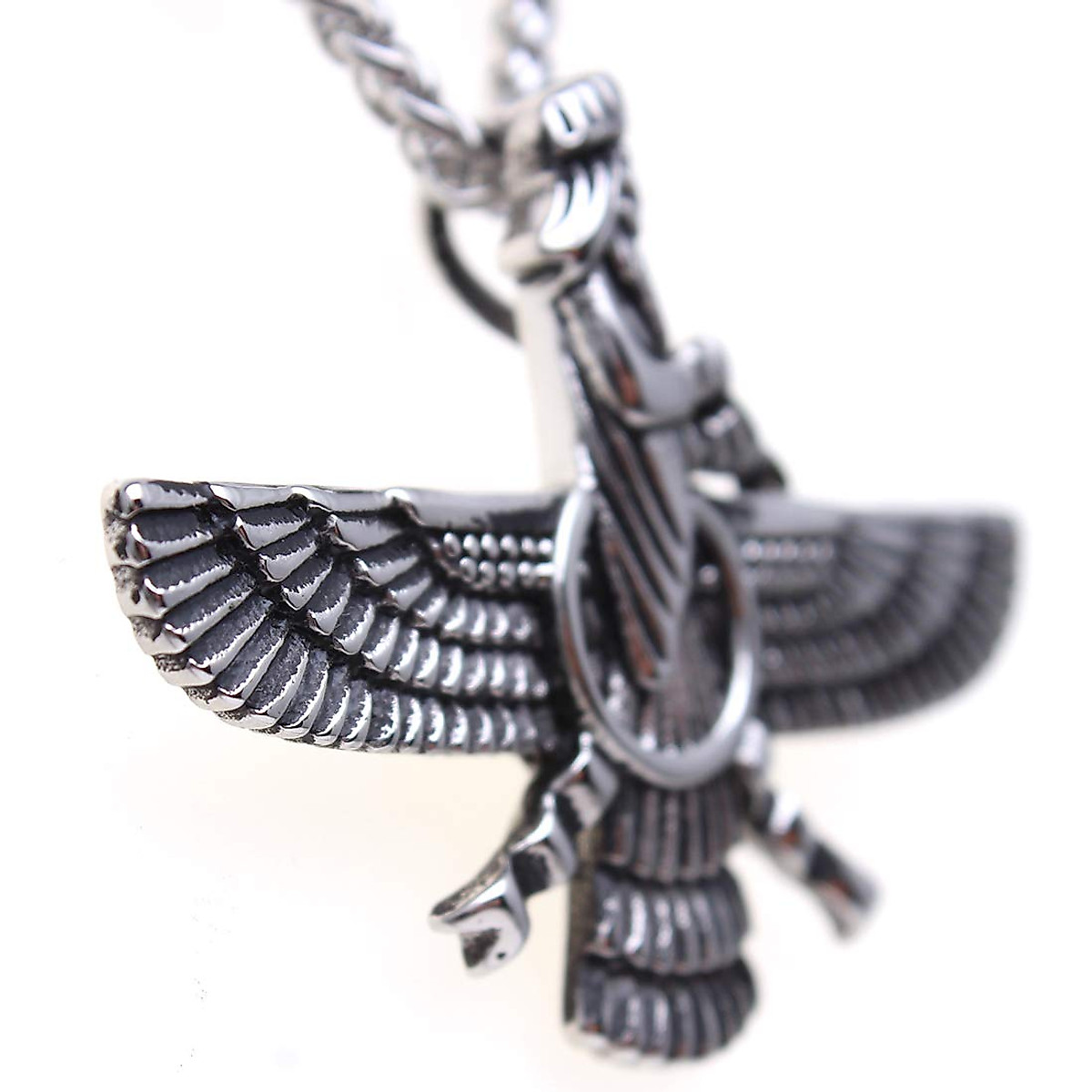 Asoodehdelan Large Farvahar Necklace Iranian Persian Art Iran Farohar Zoroastrian Faravahar Chain Necklace (Silver Plated, 18)