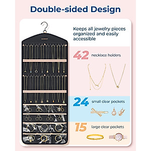 BAGSMART Hanging Jewelry Organizer with Hanger Metal Hooks Double-Sided Jewelry Holder for Organizing Earrings Necklaces Rings Perfect for in Hanging Closet, Wall, Door, 1 Piece, Large, Black