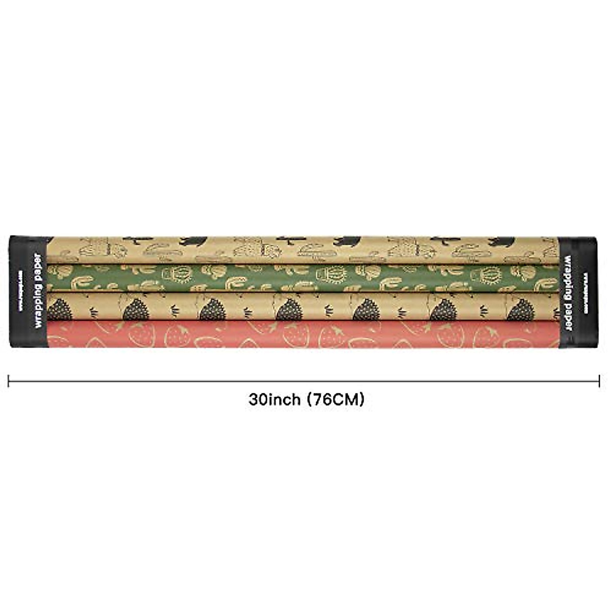 RUSPEPA Kraft Wrapping Paper Roll - Cactus/Strawberry/Alpaca/Hedgehog Printed Great for Congrats, Holiday and Special Occasion - 4 Roll - 30Inch X 10Feet Per Roll