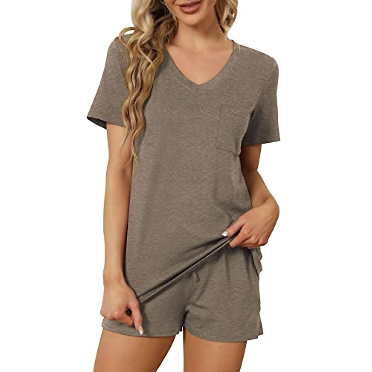 RUBZOOF Pajamas for Women Shorts Set V Neck Casual Summer Short Sleeve Lounge Sets Grey XL