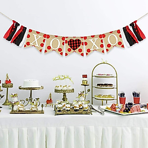 XOXO Burlap Banner - Valentine's Day Decorations - Valentines Burlap Banner for Mantel Fireplace- Black Red Plaid XOXO Banner- Valentines Decorations- Valentine's Day Home Indoor Outdoor Hanging Decor