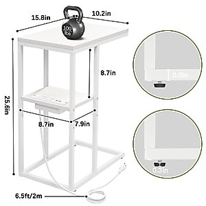 Yoobure C Shaped End Table with Charging Station, Small Side Tables for Living Room Bedroom, Sofa Table with USB Ports and Outlets for Small Spaces, Couch Table Rustic Snack Table Bed Side Table