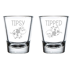 MIP Set of 2 Shot Glasses 1.75oz Shot Glass Tipsy Tipped Cow Funny Gift