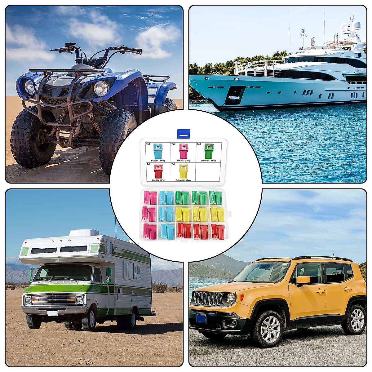 MuHize Shaped Assorted Fuses - Upgraded Tall/Standard Profile Automotive Box Shaped Fuse Kit, Fuse Female Assortment 20A 30A 40A 50A 60A (Each 6) for Ford Chevy, Cars and SUVs