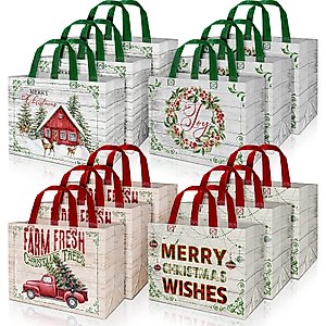 Whaline 16 Pack Christmas Non-Woven Bags Rustic Wood Grain Truck Tree Pattern Reusable Tote Gift Bag Merry Christmas Shopping Totes with Handles for Xmas Holiday Party Favor Supplies, 4 Designs