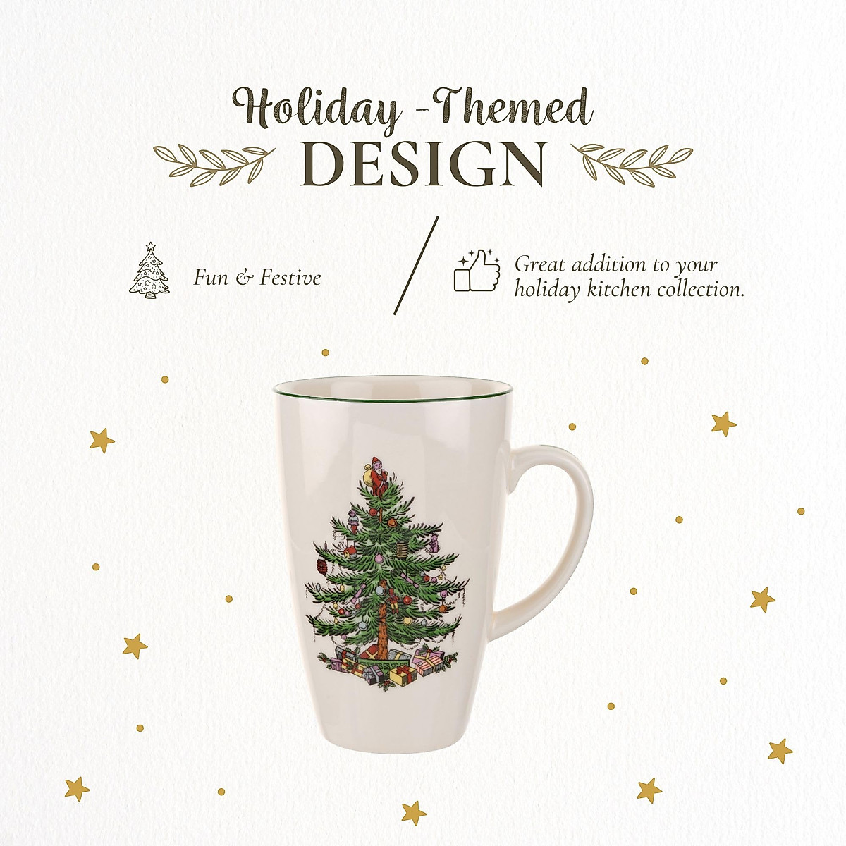 Spode Christmas Tree Latte Mug - 22 Oz Holiday Coffee Cup for Tea, Hot Cocoa, and More - Classic Green Banded Christmas Tree Design - Dishwasher & Microwave Safe Fine Earthenware Mug