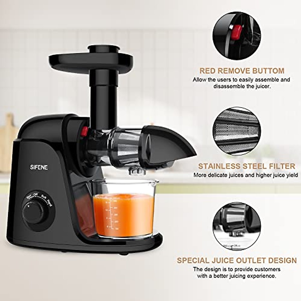 SiFENE Slow Juicer, Cold Press Juicer, Masticating Juicer Machines, Juice Maker Extractor, Juice Squeezer, Brush& Recipes Included