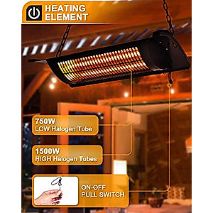 Star Patio Electric Patio Heater, Outdoor Heater, 750W/1500W Ceiling Infrared Heater with Rectangular Shape, Black, Silent Heating Hanging Patio Heater, IP44 Waterproof Outdoor Heaters, STP2066-C