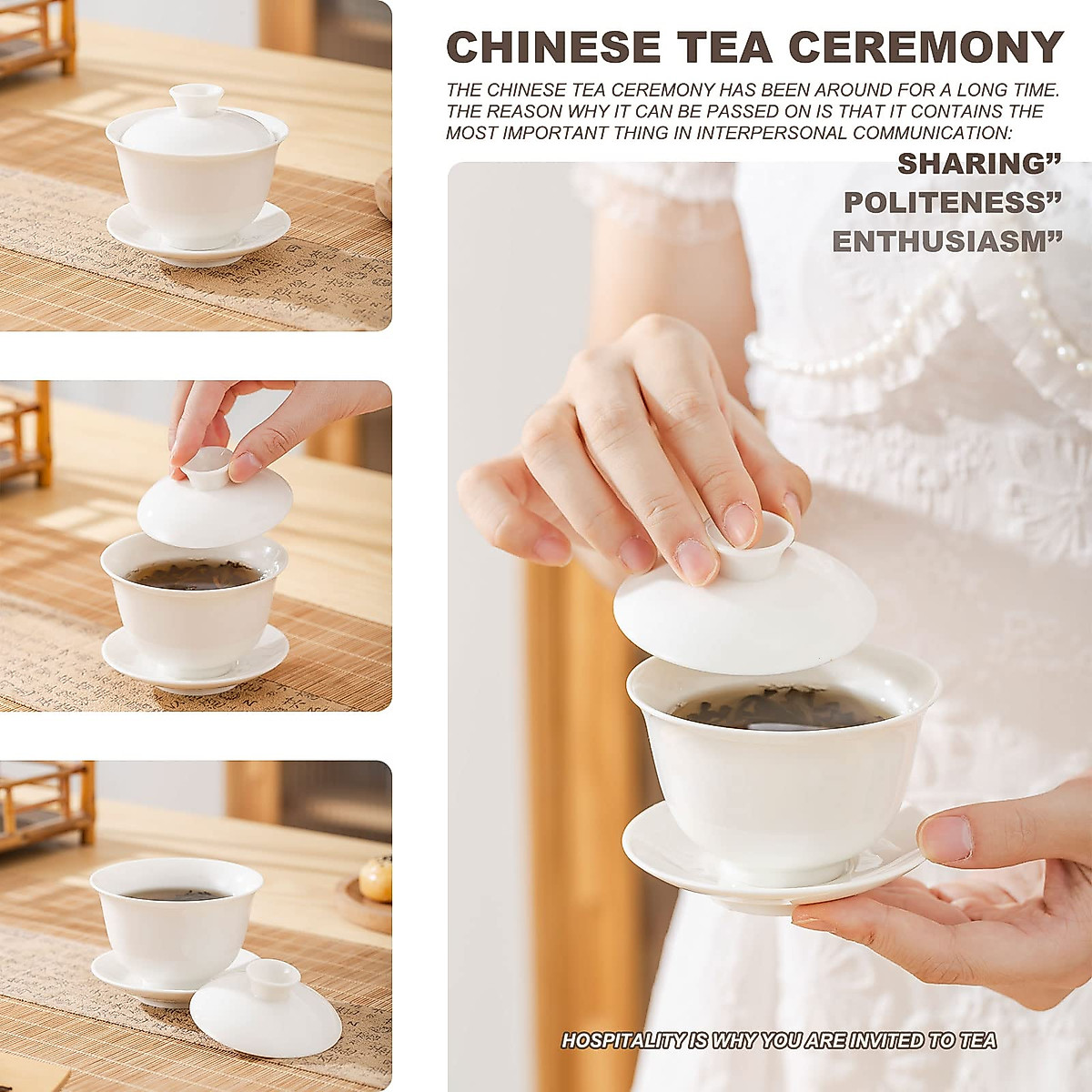 Aroplor China Kung Fu Gaiwan Teacup Traditional White Porcelain Tea Bowl Saucer Set for Brew Kung Fu Tea Porcelain Gift 5.5oz Jingdezhen Drinking Ware