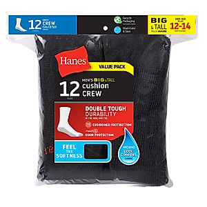 Hanes Mens Double Tough Socks, Crew Moisture-wicking With Odor Control, Multi-packs Casual, Black, 12-14 US