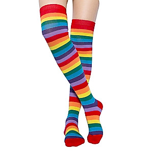 Chalier Womens Rainbow Socks Striped Knee High Socks Arm Warmer Fingerless Gloves Set (Red)