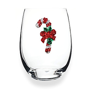 THE QUEENS' JEWELS Candy Cane Limited Edition Jeweled Stemless Wine Glass, 21 oz. - Unique Gift for Women, Birthday, Cute, Fun, Not Painted, Decorated, Bling, Bedazzled, Rhinestone