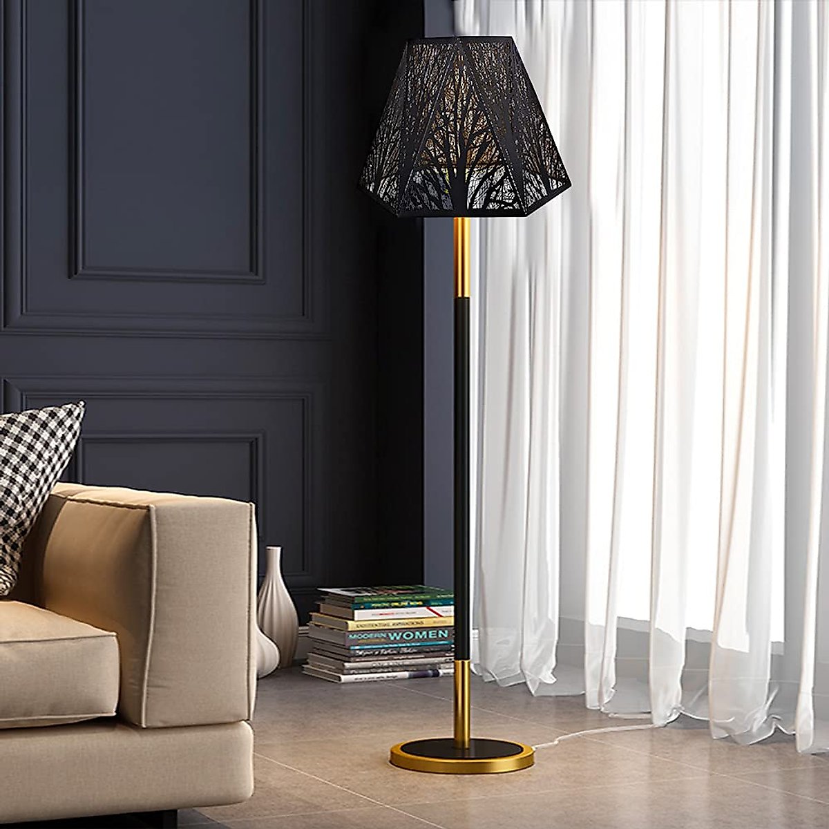 Medium Modern Style Lamp Shades with Multiple Sides, ALUCSET Metal Lampshade with Pattern of Trees for Table Lamp and Floor Light, 7 x 13.8 x 9.5 Inch, Spider (Black/Gold)