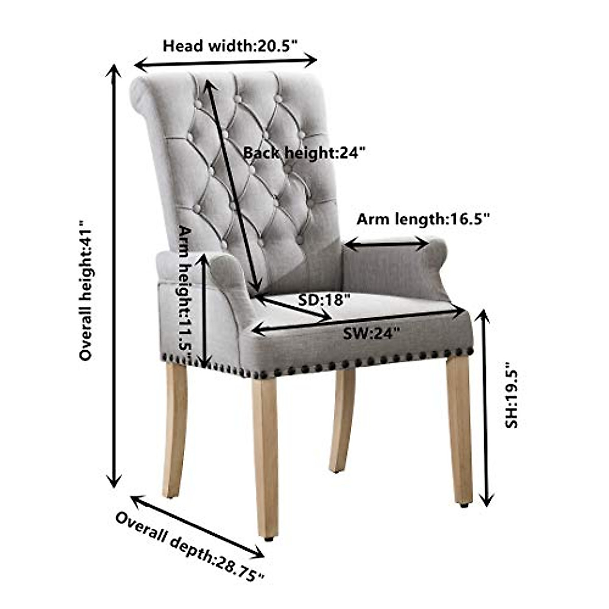 Restworld Fabric Arm Dining Chair,Tufted Upholstered High Back Nailed Trim with Untique Oak Wood Legs for Kitchen Restaurant Room Bedroom,Smoke Grey